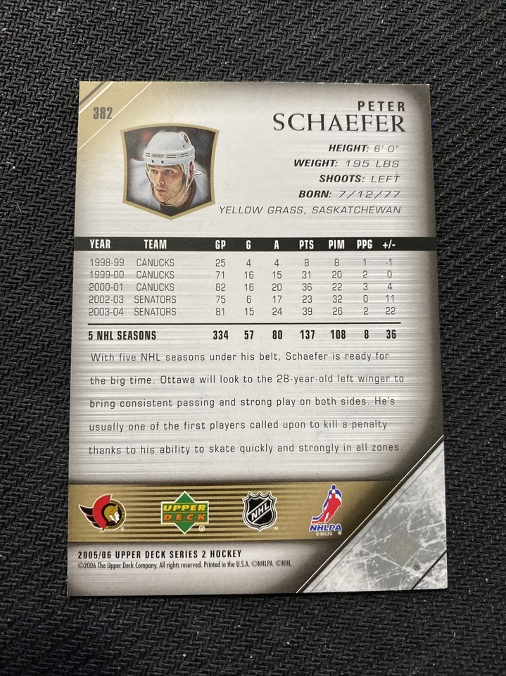 2005-06 Upper Deck Hockey #382 Peter Schaefer Autograph Ottawa Senators ...