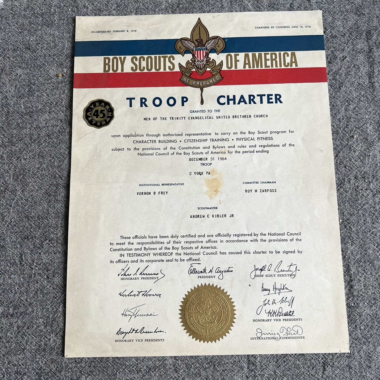 Bsa Boy Scouts Of America Charter Certificate Troop #2 1964 | eBay