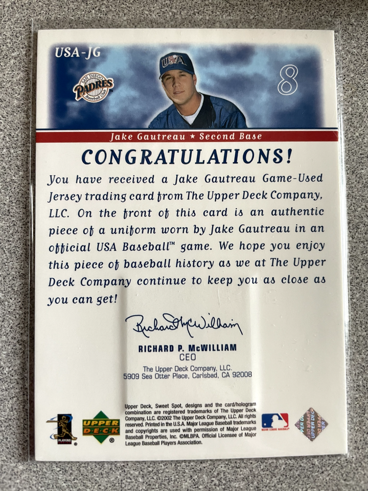 2002 UD Sweet Spot Jake Gautreau USA Baseball Game-Worn Uniform Card # ...