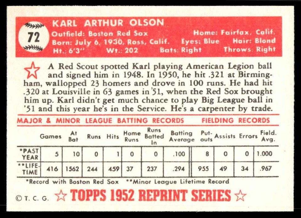 1983 Topps 1952 Reprint Series Karl Olson Boston Red Sox #72 | eBay