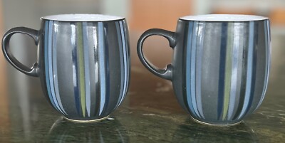 Set of 2 Denby “Jet” Stripes Mugs/Cups 10 oz Black, Blue, White, Gold ...