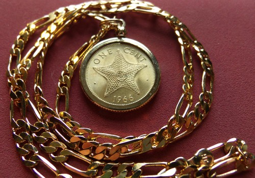 LONDON MINT 1966 BAHAMAS STARFISH Coin Pendant 24" GOLD FILLED FIGARO ...