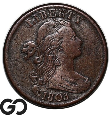 1803 Large Cent, Draped Bust, Small Date, Lg Frac, VF Bids $425, Scarce ...