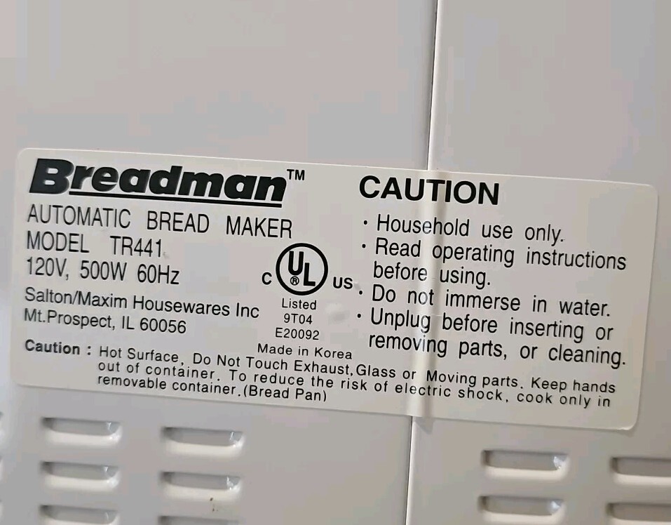 BREADMAN TR441 Automatic Bread Maker Makes 2 Sizes - No Box, Never Used ...
