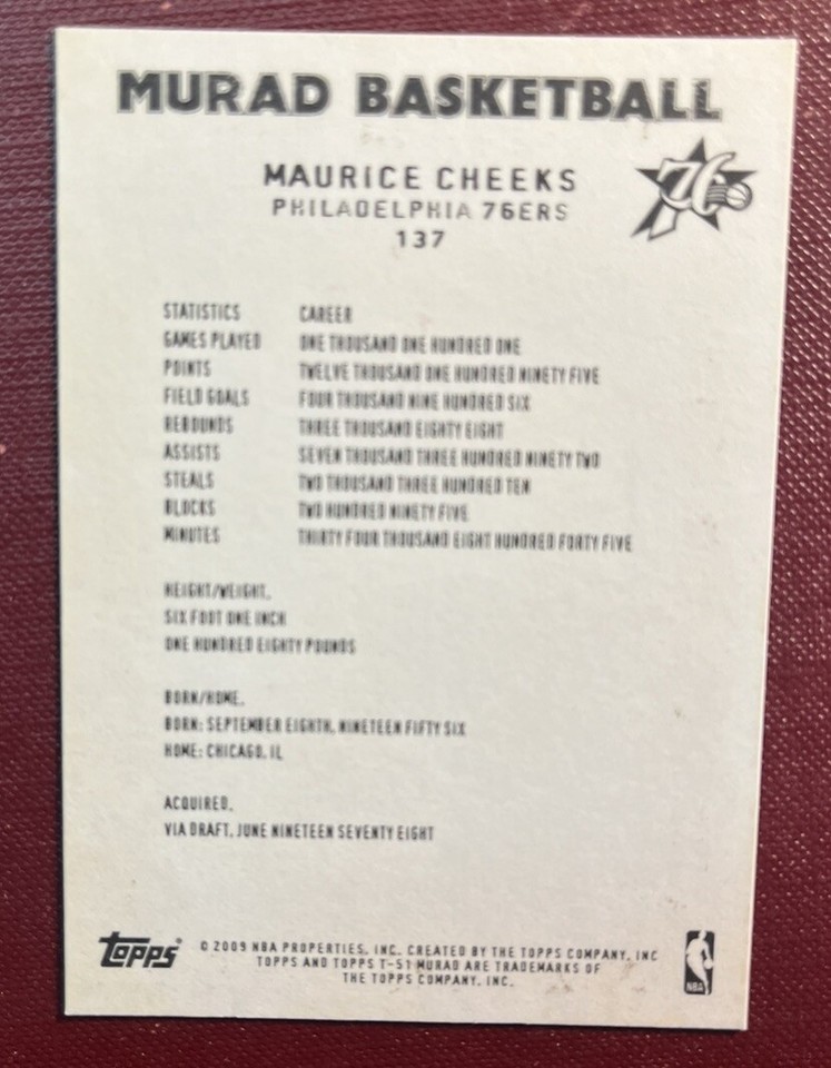 Maurice Cheeks 2009 Topps MURAD Basketball Card #137, MINT | eBay