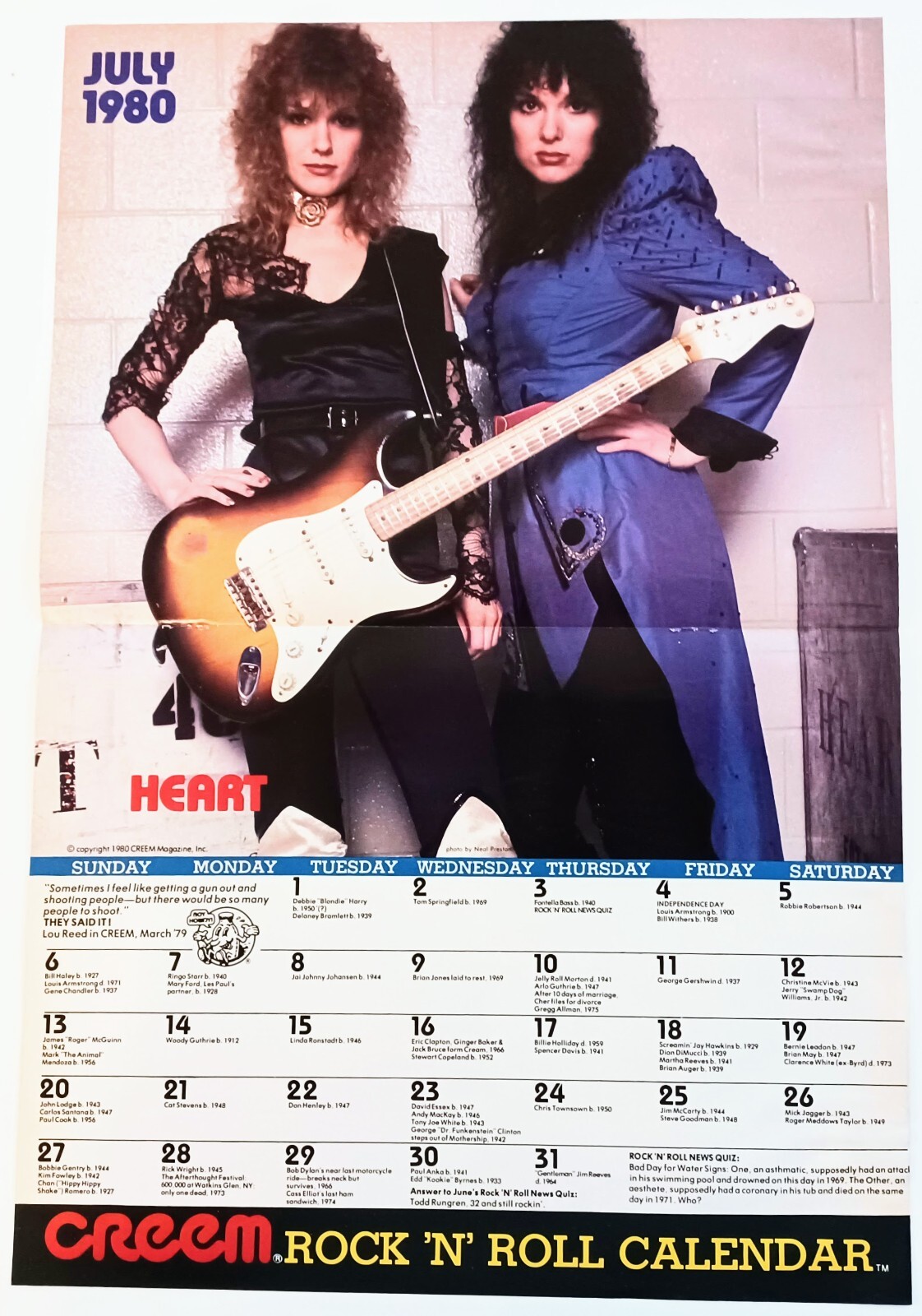 HEART ANN NANCY WILSON~1980 CALENDAR CENTERFOLD POSTER~PRINT MAGAZINE ...