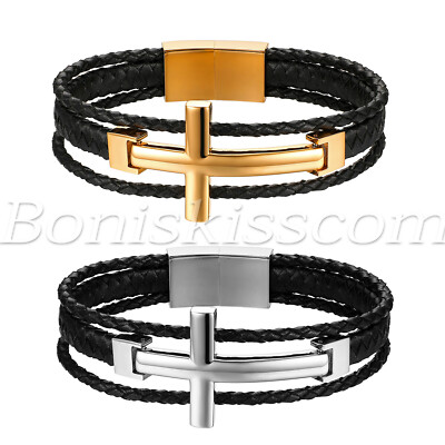 Men Multi-layer Genuine Leather Plain Stainless Steel Cross Bracelet ...