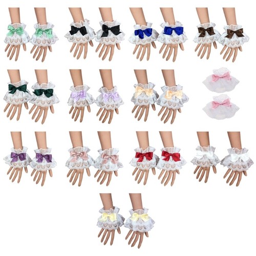 Women Hand Sleeve Wrist Cuffs Ruffled Lace Bowknot Maid Cosplay ...