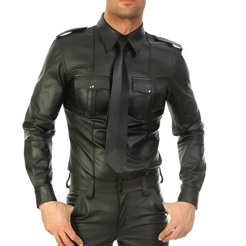 Men's Real Leather Police Uniform Shirt Full Sleeves Police Shirt Black ...