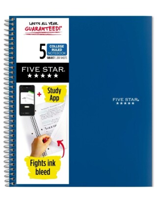 Five Star Wirebound Notebook +Study App 5 Subject College Ruled Blue | eBay