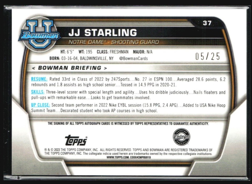 JJ STARLING AUTO 5/25 2022-23 BOWMAN CHROME UNIV ORANGE SHIMMER #37 ...