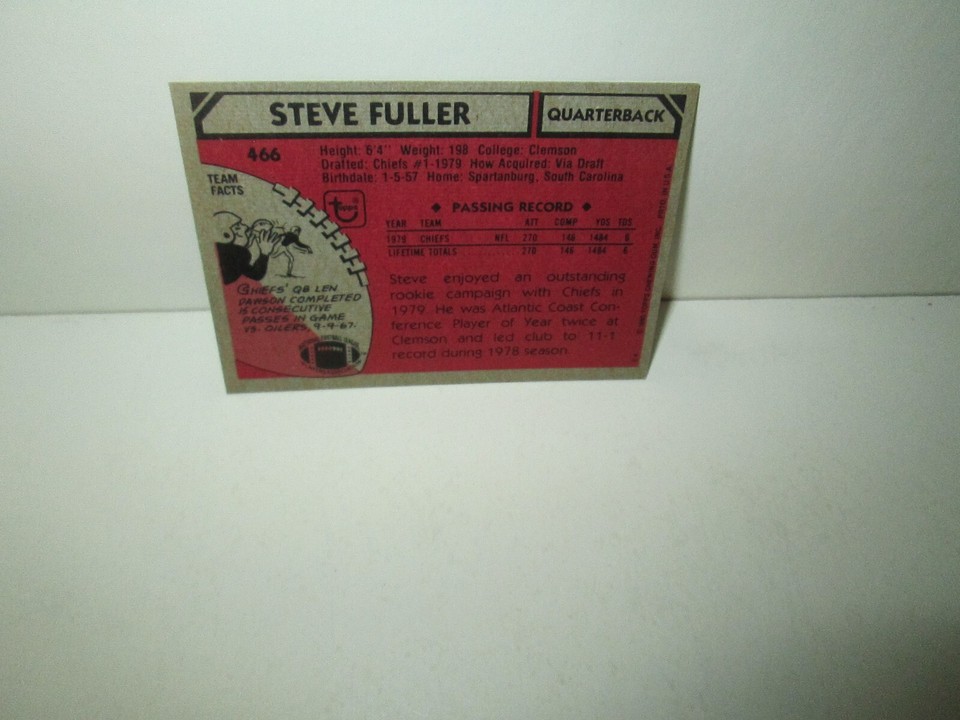 STEVE FULLER 1980 card Topps #466 Rookie Rc Clemson KANSAS CITY CHIEFS ...