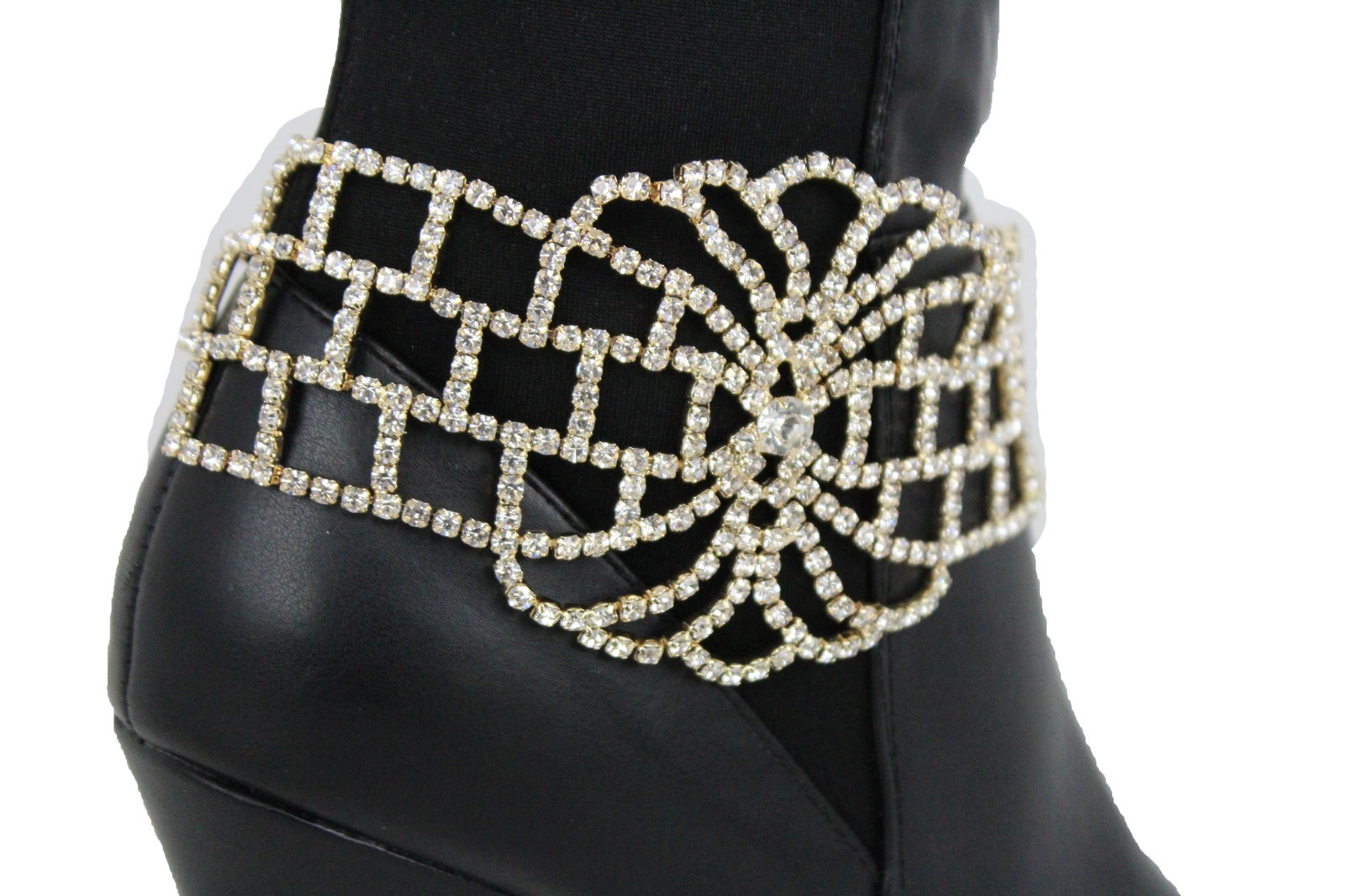 Women Fashion Gold Metal Chain Boot Bracelet Shoe Bling Floral Wide ...