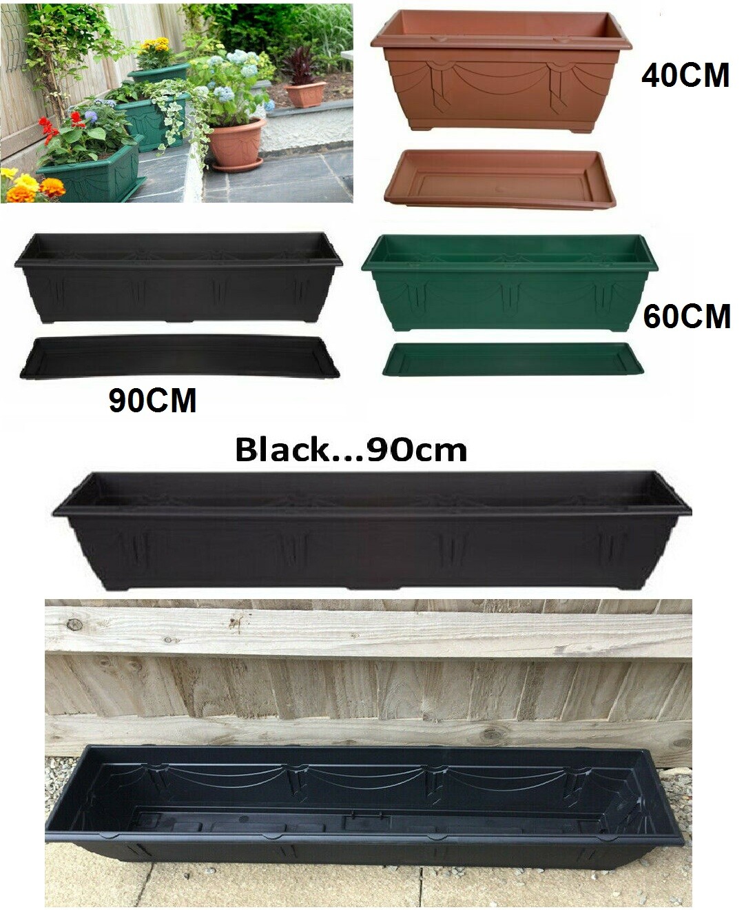 Plastic Rectangular Planter Flower Plant Pot Broad Base Saucer Tray ...