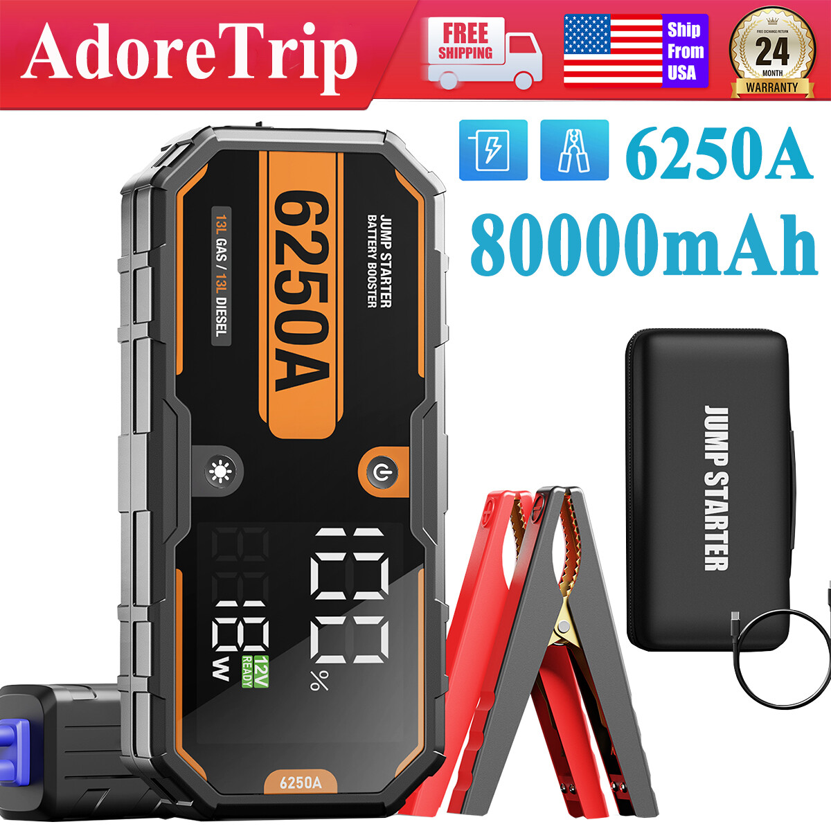 Portable Jump Starter 6250A Battery Booster Pack Charger Power Heavy ...