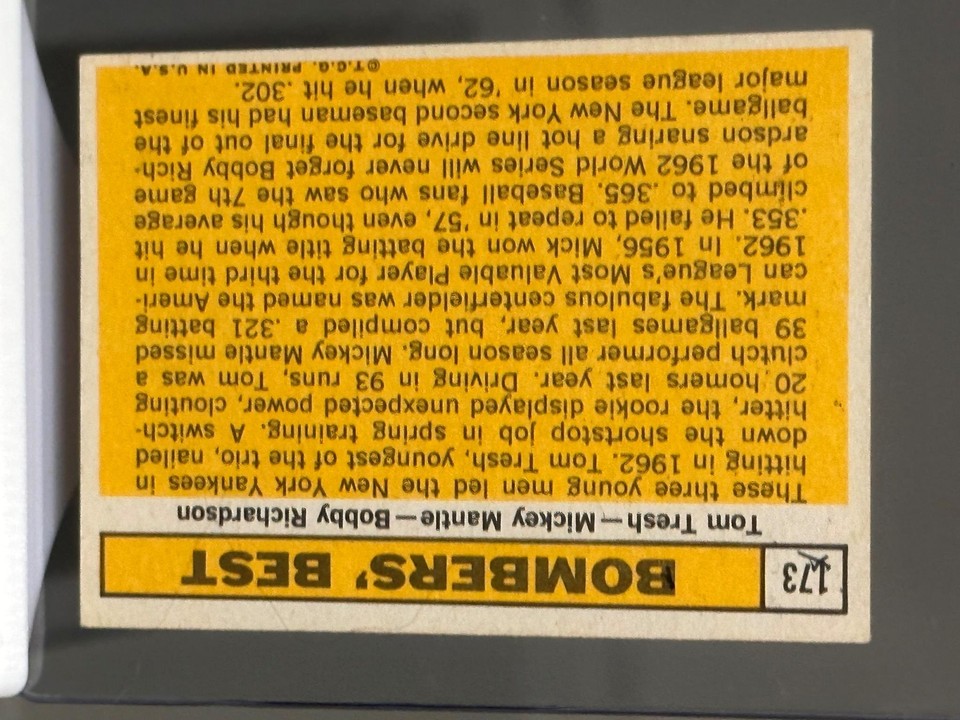 Topps 1963 Tim Tresh – Mickey Mantle – Bobby Richardson Bombers New ...