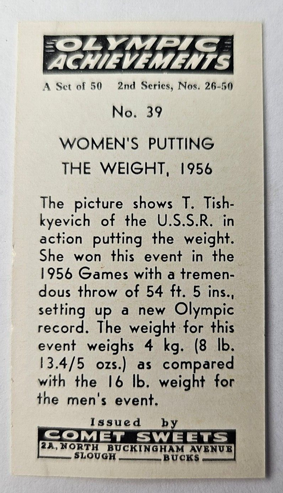 1959 Comet Sweets 2nd Series Olympic Achievements #39 Women's Putting ...