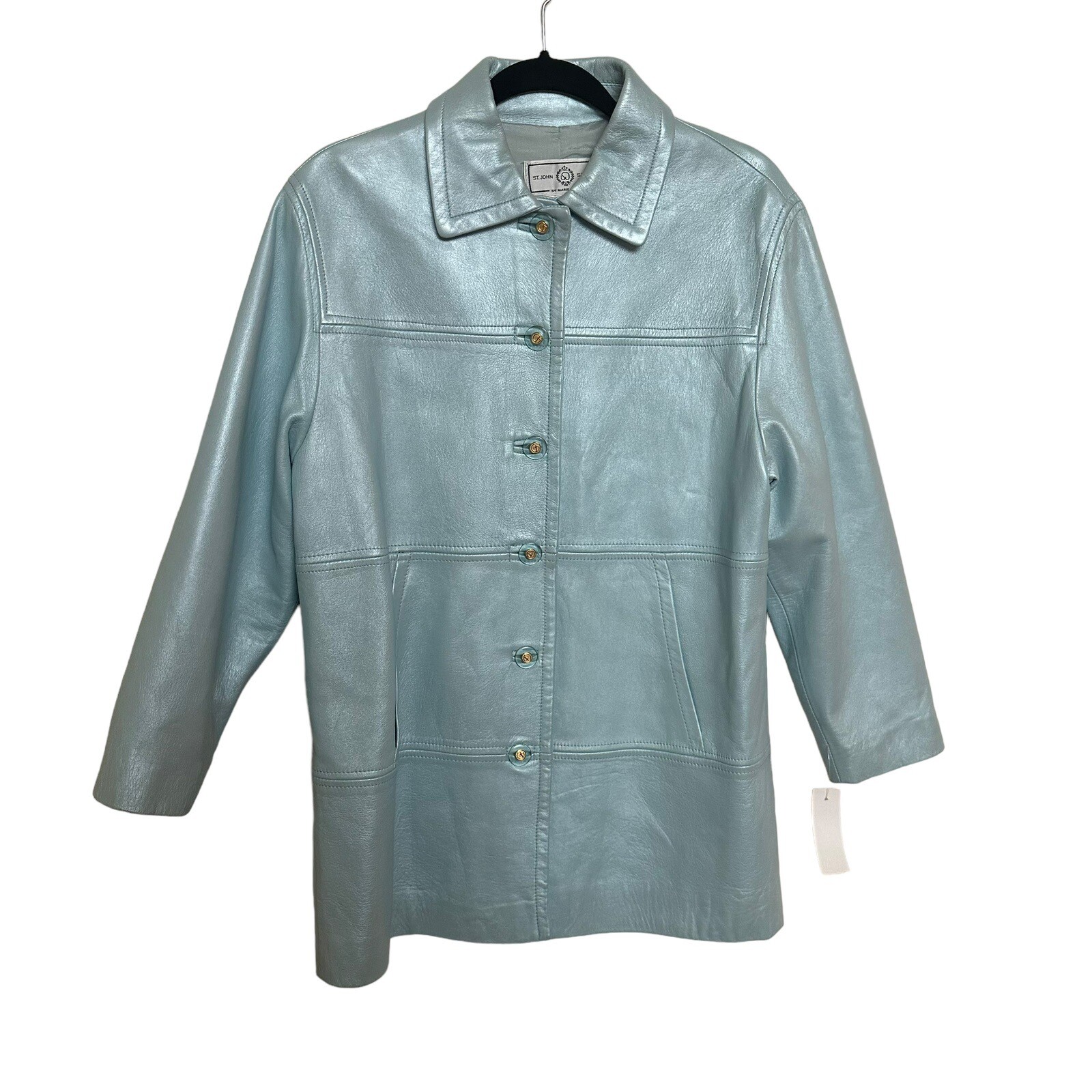 St John Light Blue Shiny Leather Jacket Long - Gem