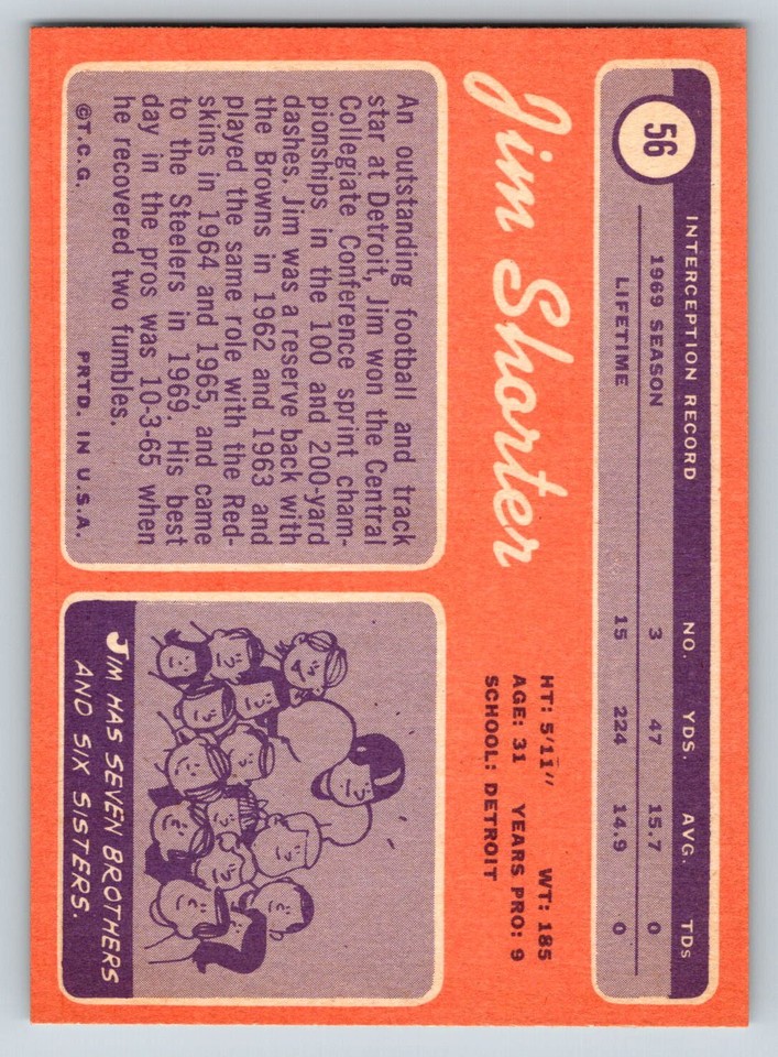 1970 Topps #56 Jim Shorter Vintage Football Card SHARP! | eBay