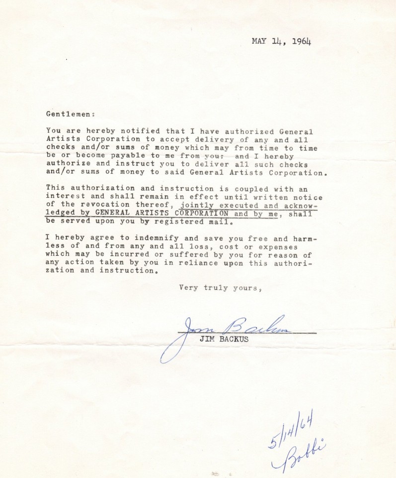JIM BACKUS 1964 Signed Document Autograph w/ COA - MR. MAGOO - GILLIGAN ...