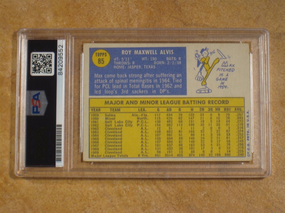MAX ALVIS SIGNED AUTOGRAPHED 1970 TOPPS CARD #85 CLEVELAND INDIANS PSA ...