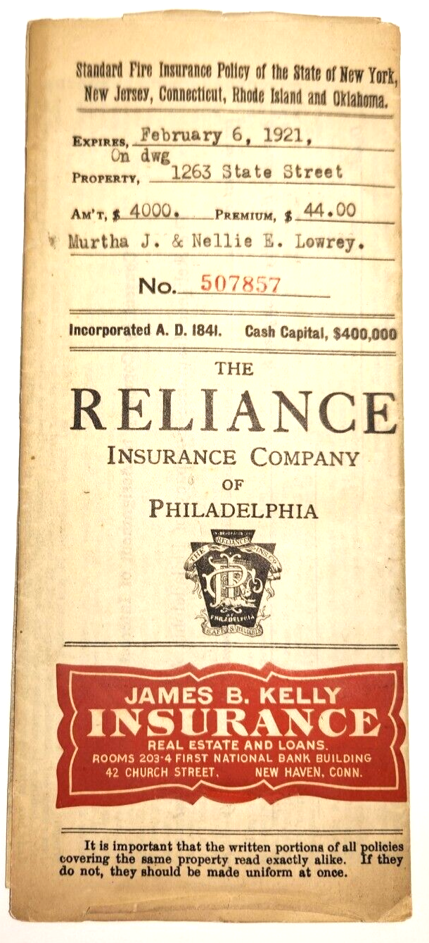 The Reliance Insurance Co of Philadelphia 1921 Insurance Policy James B ...