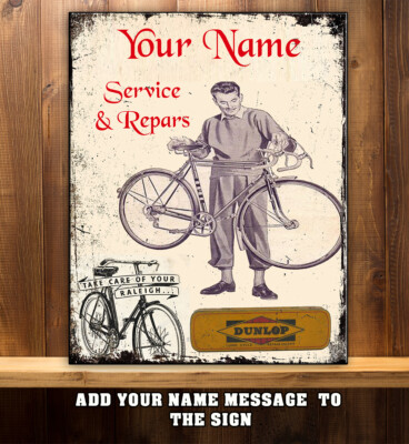PERSONALISED BICYCLE BIKE REPAIR SHOP SHED GARAGE Metal Retro Sign ...