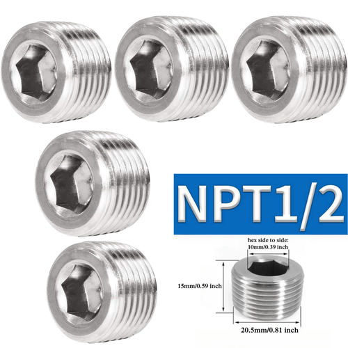 5 Pcs Stainless Steel Pipe Plugs 1/2" NPT Hex Countersunk Plugs USA ...