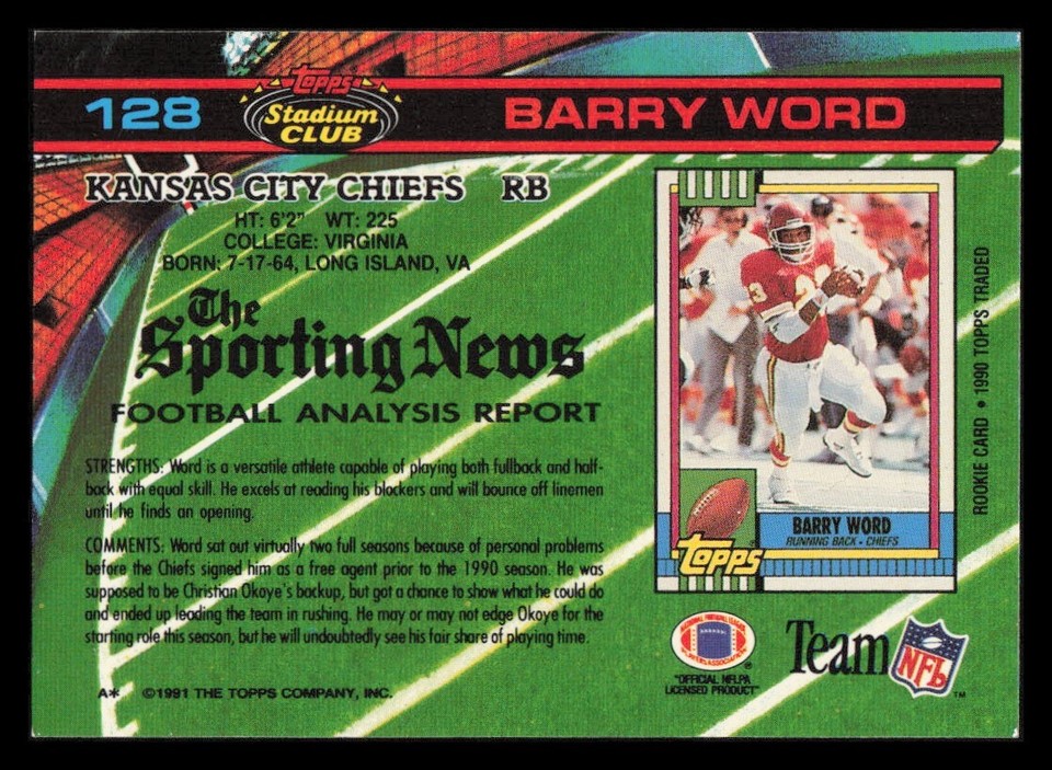 1991 Topps Stadium Club Barry Word Football Card #128 Kansas City ...