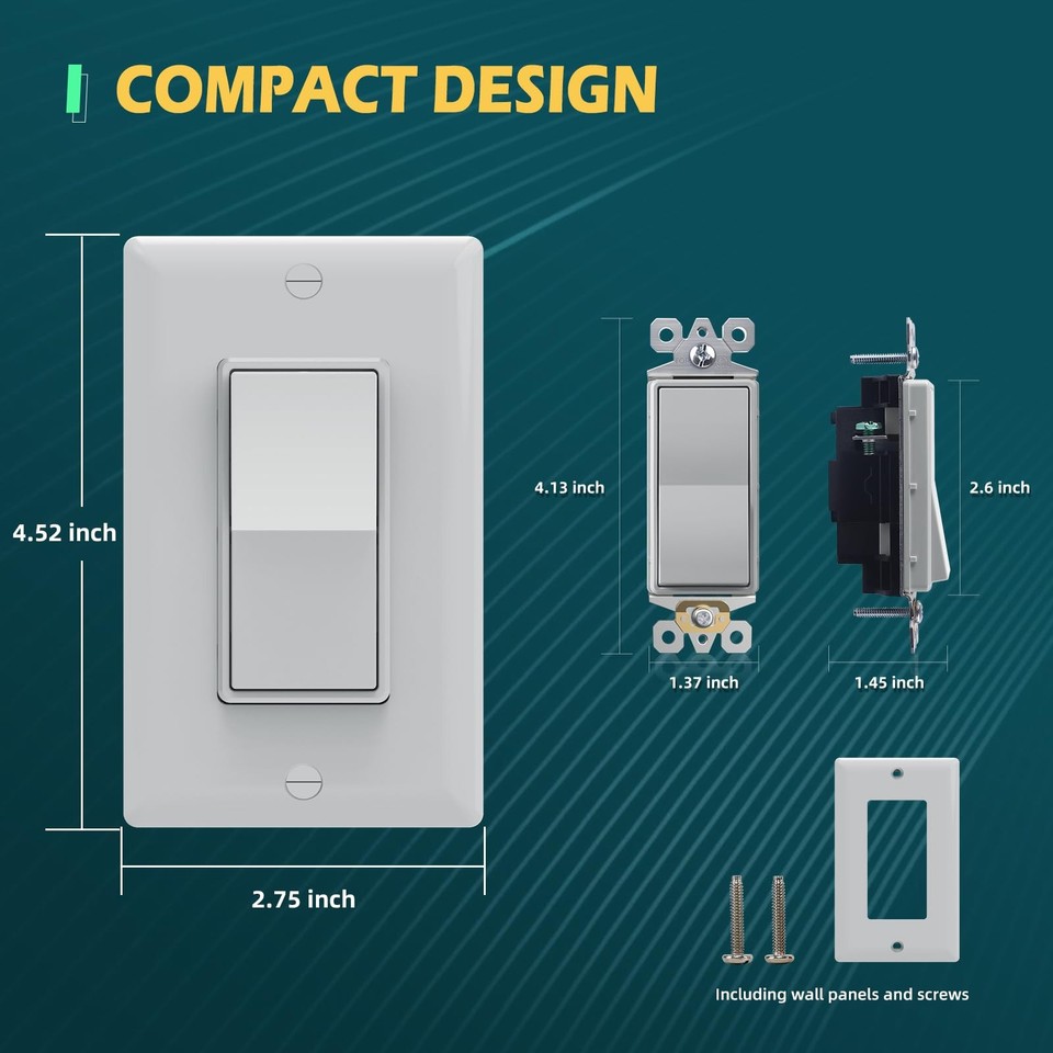 Decorator Paddle Light Switch with Wallplates, Single Pole Wall Rocker ...