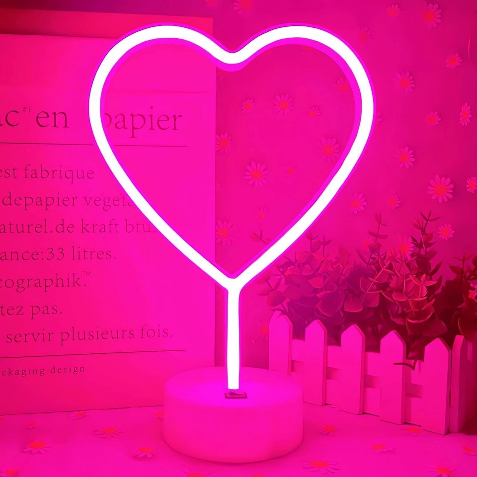 Neon Heart Sign Pink LED Light with Base, USB/Battery Powered Heart ...