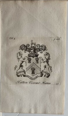 1756 ANTIQUE PRINT FAMILY CREST COAT OF ARMS HATTON VISCOUNT HATTON | eBay