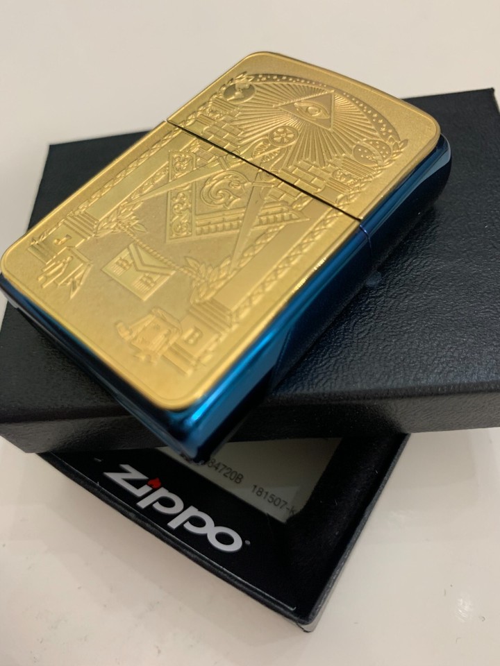 Masonic Zippo Lighter Blue Sapphire Free Masons Master gift Gold plated ...