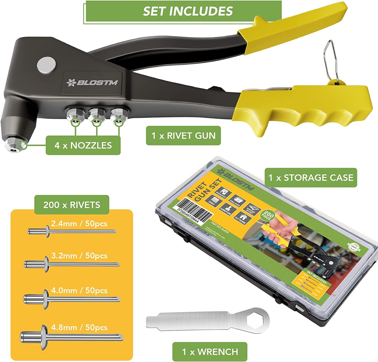 Heavy Duty Hand Pop Rivet Gun Tool Kit 200 Assorted Rivets 4 Nozzle ...