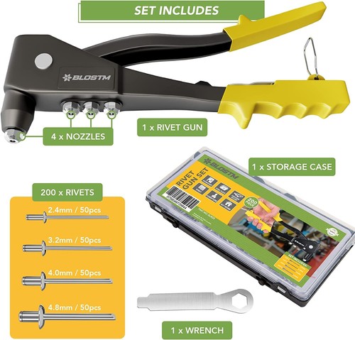Heavy Duty Hand Pop Rivet Gun Tool Kit 200 Assorted Rivets 4 Nozzle ...