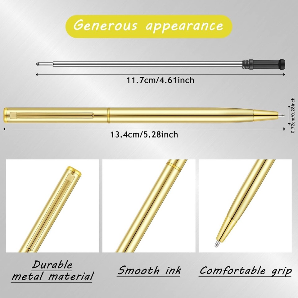 Gold Metal Slim Ballpoint Pens Bulk Retractable Metallic Black Ink 1 mm ...