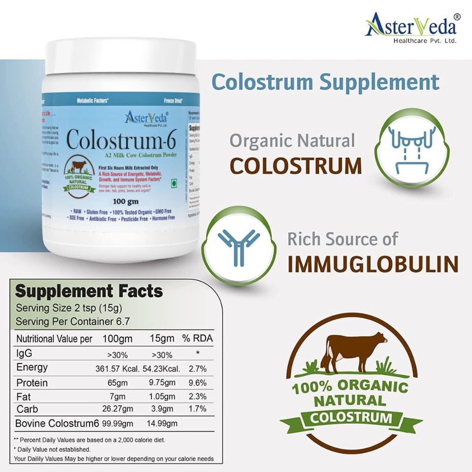 Asterveda Organic Gir Cow Colostrum Powder 100 gm A2 Milk Freeze Dried ...