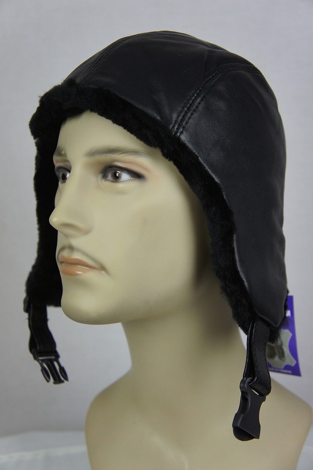 100% Real Leather Sheepskin Fur Helmet Biker Motorcycle Aviator Trapper ...