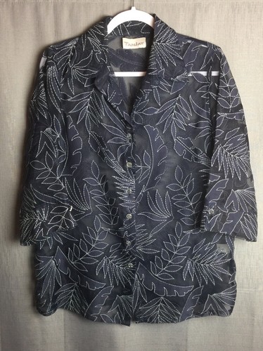 Tan Jay Button Up Blouse Dark Blue on Black Sheer Floral Appliqu ...