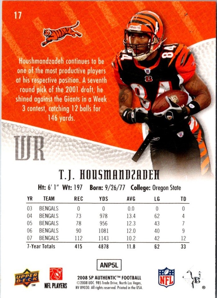 2008 SP Authentic Retail T.J. Houshmandzadeh #17 Cincinnati Bengals | eBay