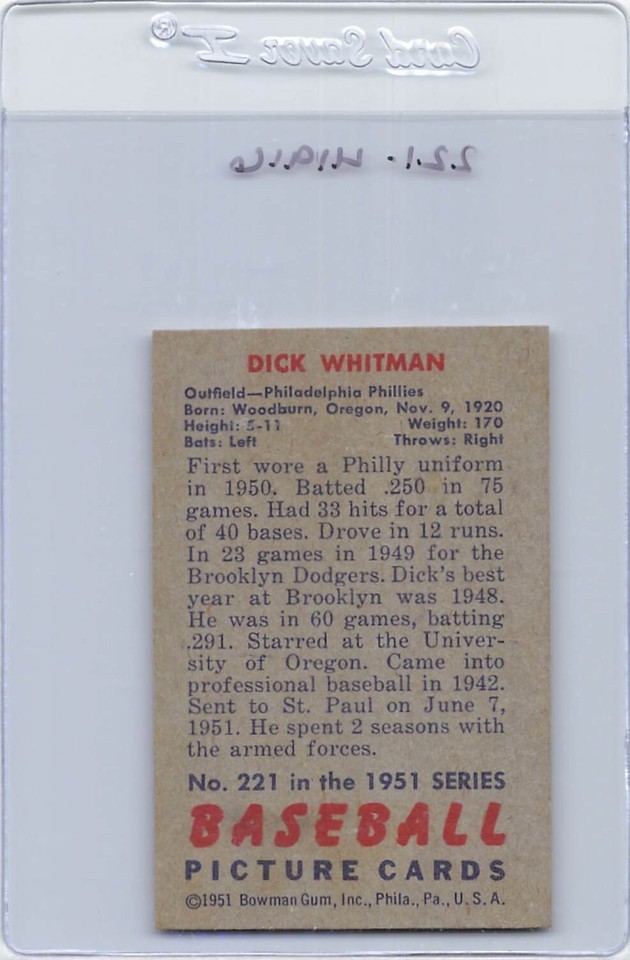 1951 Bowman #221 Dick Whitman Phillies EX 51B221-41916-1 | eBay