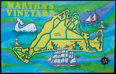 Martha's Vineyard MA Map Vintage Postcard 1960s 1970s Edgartown ...