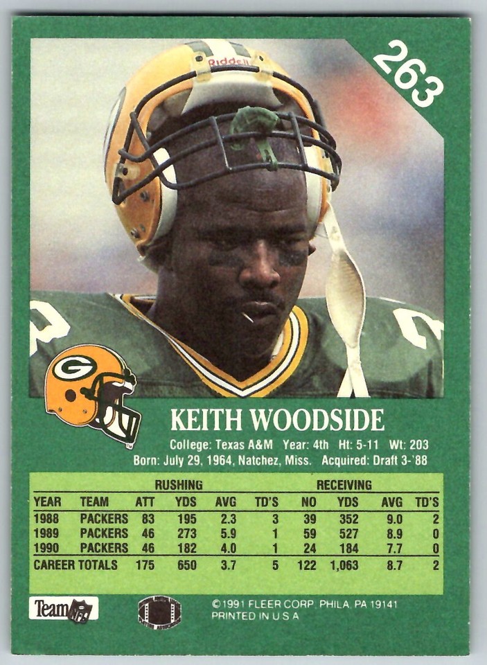 1991 FLEER KEITH WOODSIDE GREEN BAY PACKERS #263 | eBay