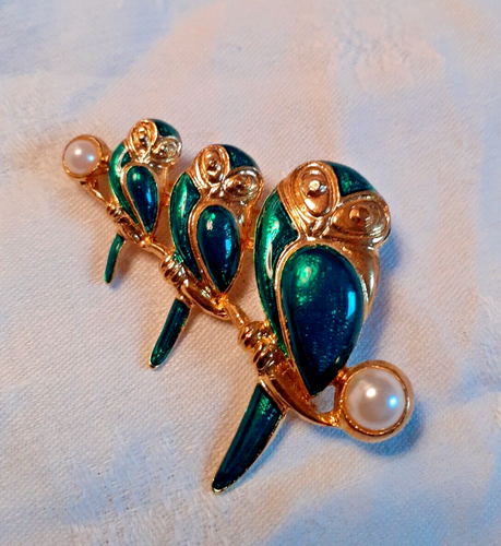 Broche vintage oiseau chouettes hiboux émaux vert | eBay
