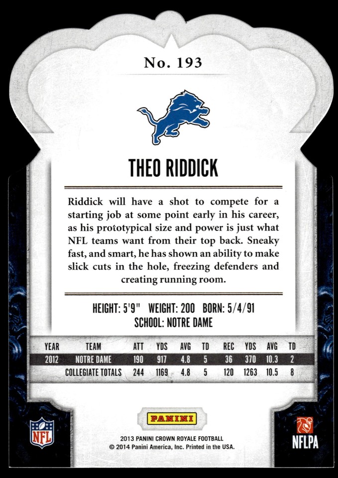 Theo Riddick 2013 Panini Crown Royale Bronze Holo Die-Cut Crown Card ...