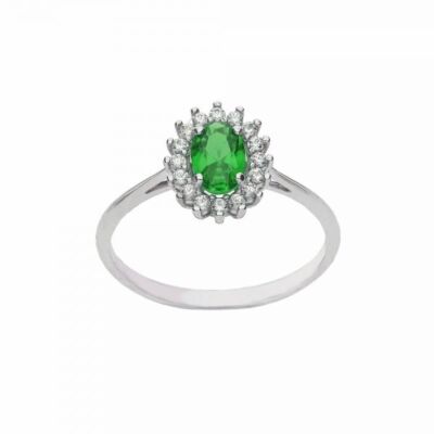 Bague en or Blanc 18 Carat avec Pierre Central Ovale Vert et Zircons ...