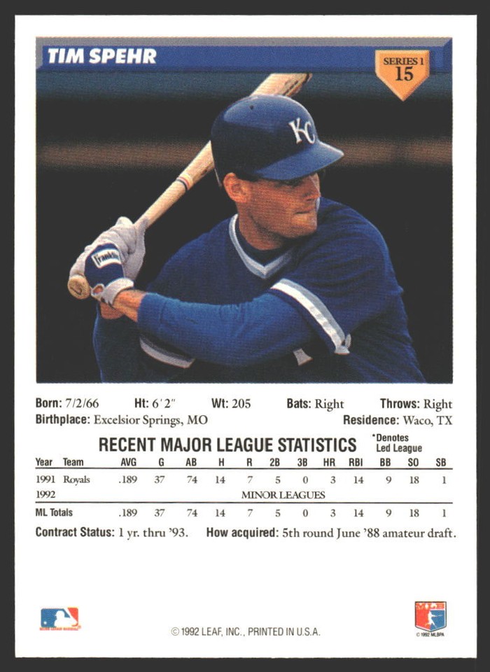 Tim Spehr #15 1993 Donruss Kansas City Royals | eBay