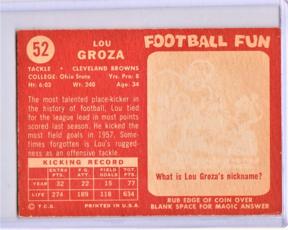 1958 TOPPS FOOTBALL CARD #52 LOU GROZA CLEVELAND BROWNS HOF NICE | eBay