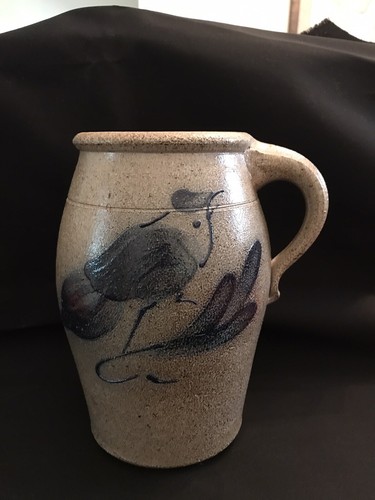 Ethan Allen Rowe Pottery Works Salt Glazed Blue Bird Stoneware Jug ...