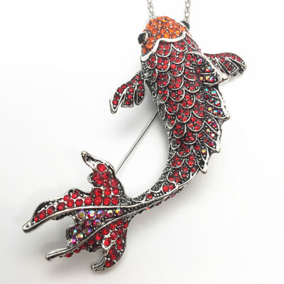 Fashion Red Crystal Rhinestone Carp Fish Pendant Long Necklace/Brooch ...